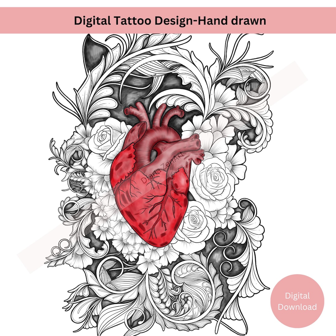 Anatomical Heart Tattoo Design With Flowers: Ornamental Line Art (PNG ...