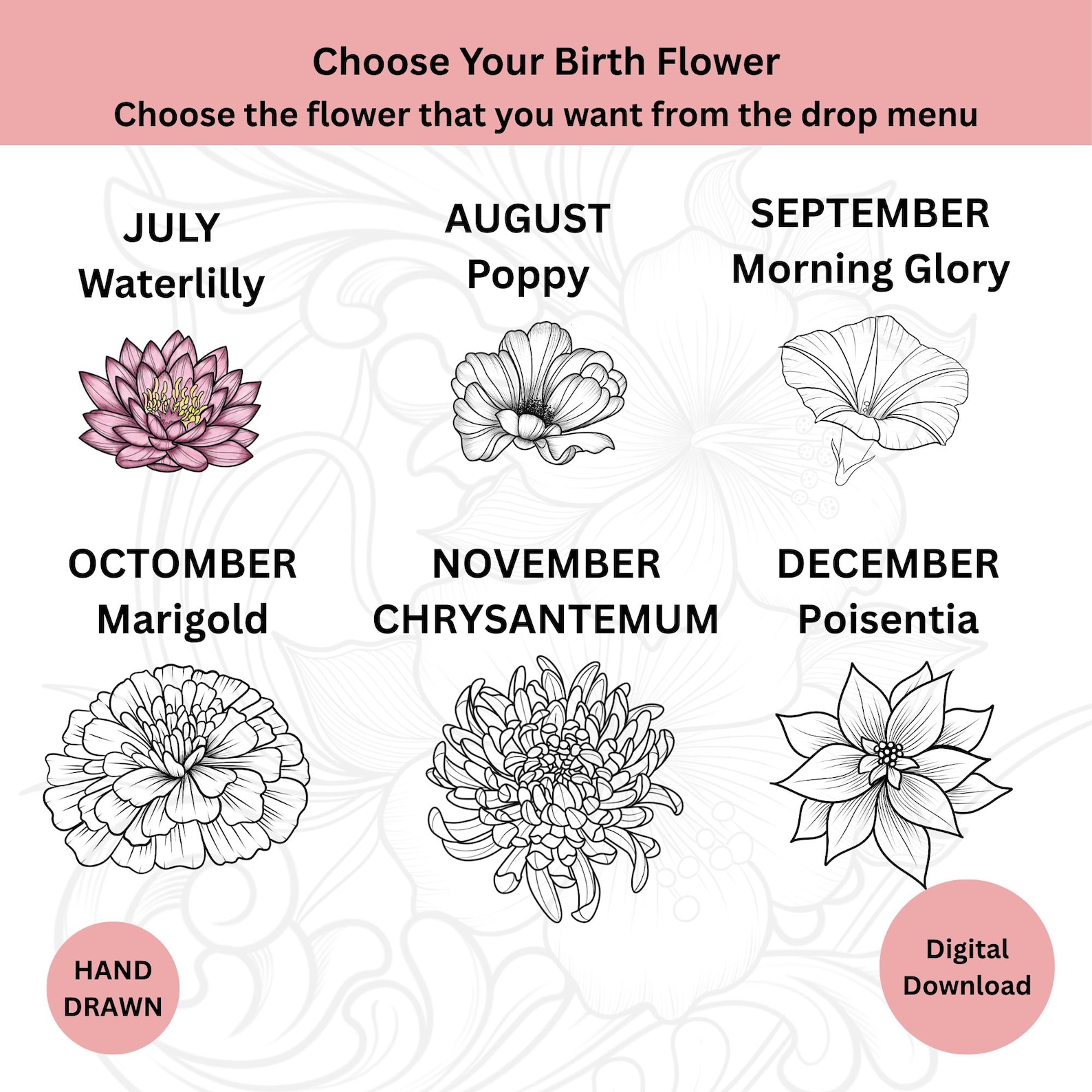 Custom Birth Flower Tattoo Design: Hand-drawn Floral Art (digital ...