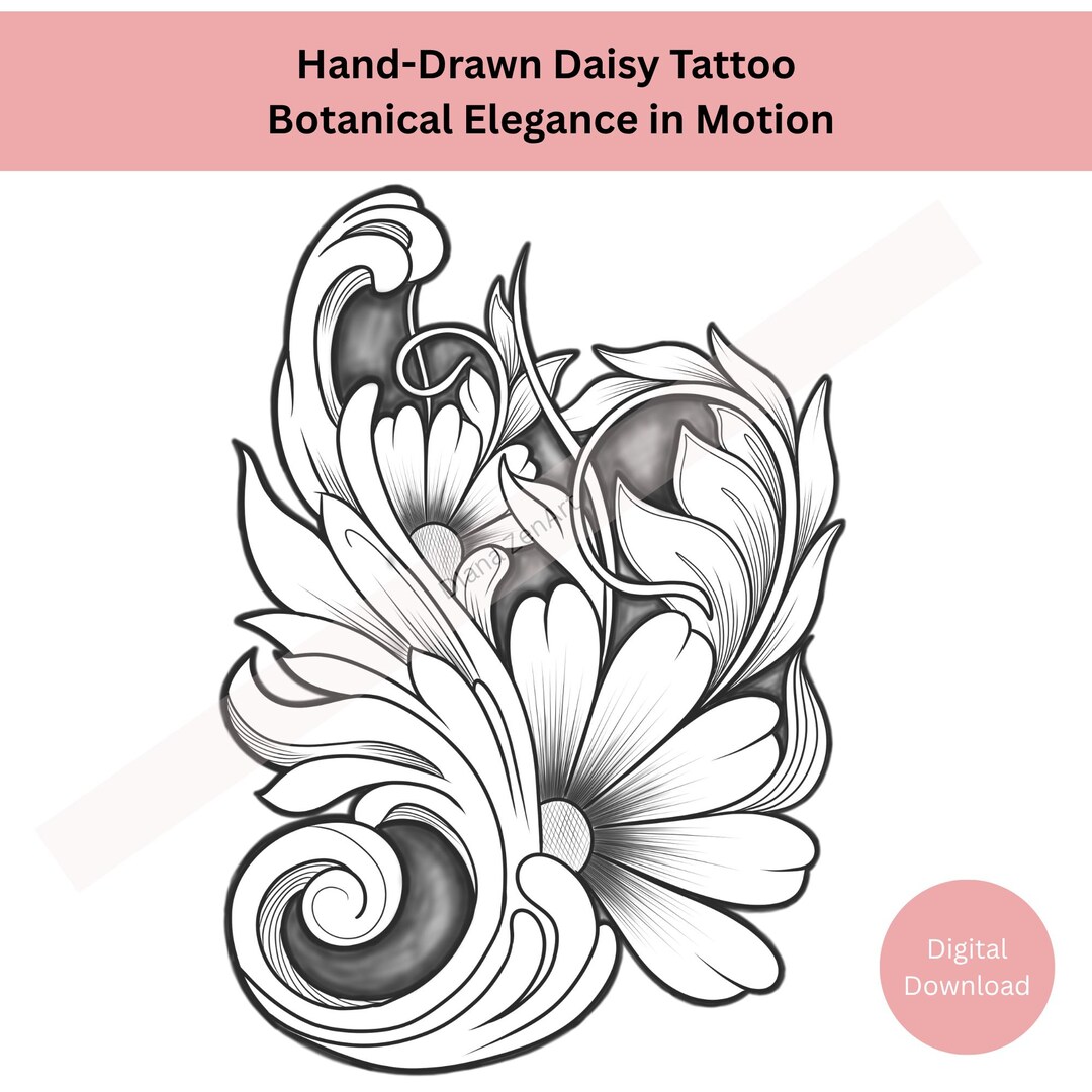 Daisy Floral Tattoo Design • Hand-drawn Baroque Line Art • Botanical ...