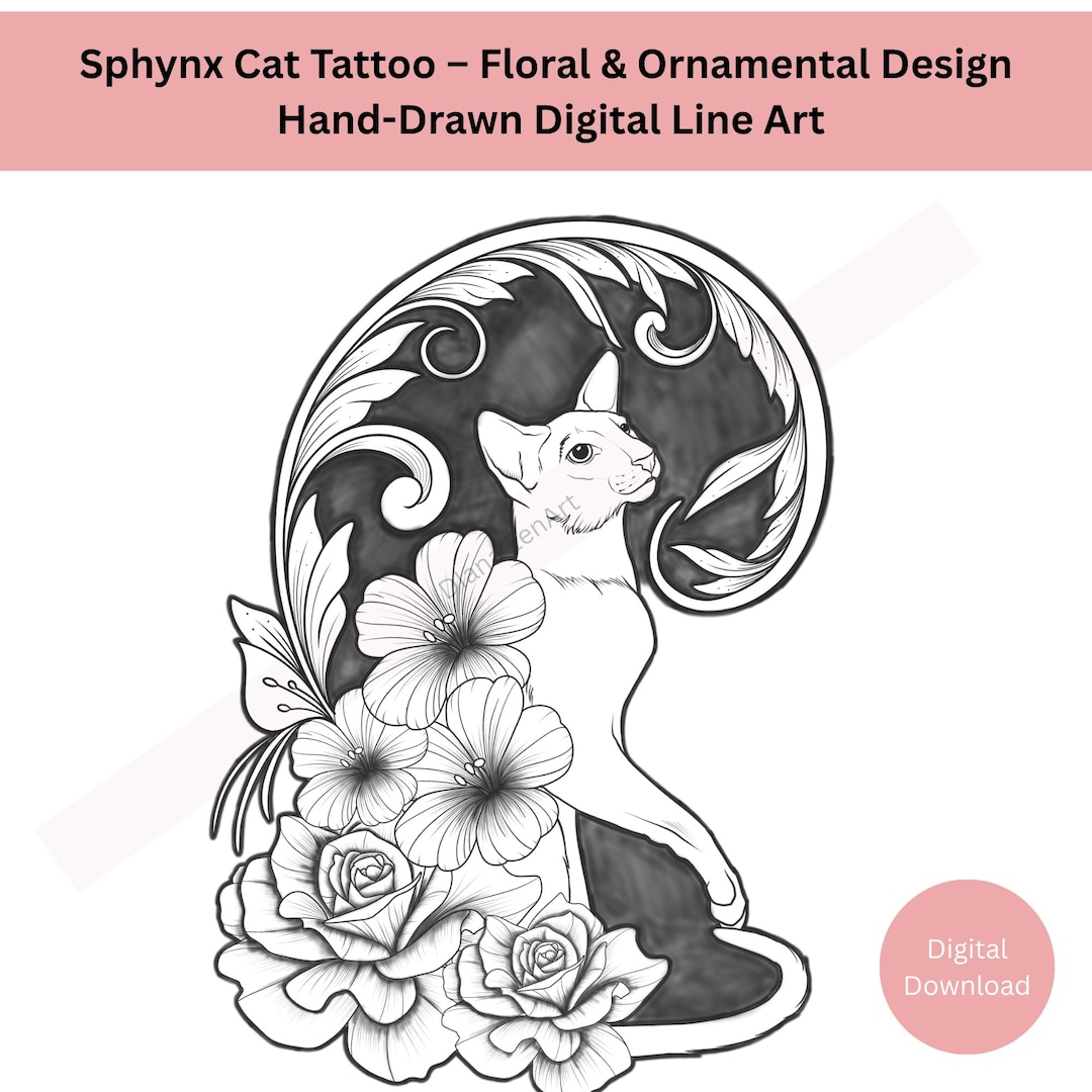 Sphynx Cat Tattoo Design • Hand-drawn Floral & Ornamental Line Art ...