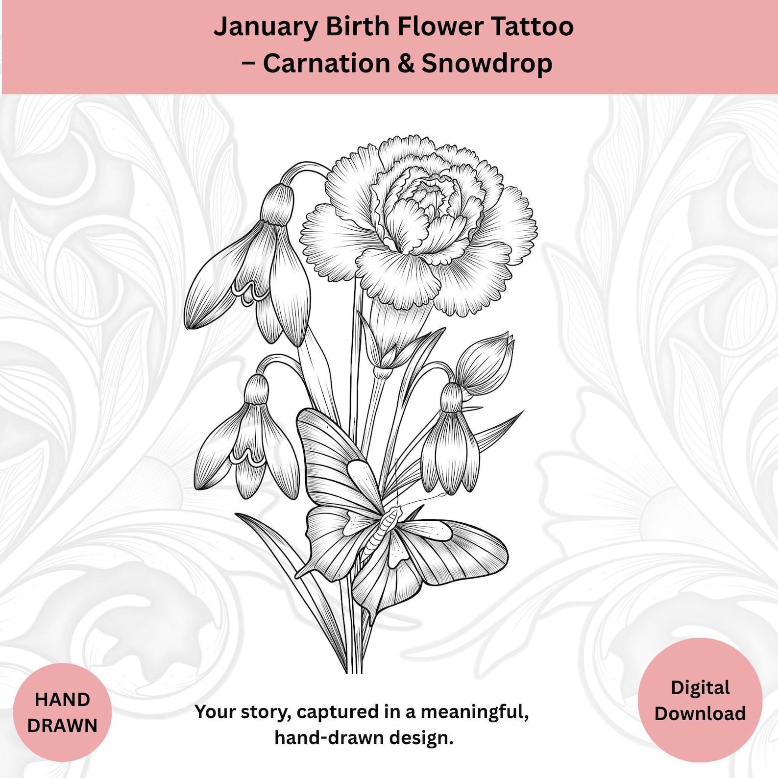 January Birth Flower Tattoo Design • Carnation & Snowdrop Line Art ...