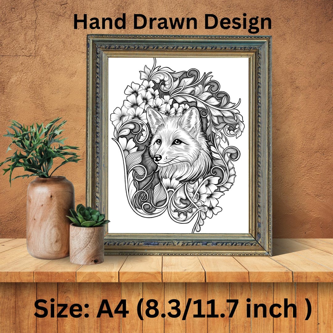 Hand-drawn Zentangle Fox Art Print With Floral Design - Black & White ...