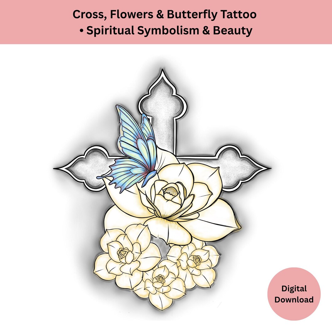 Floral Cross Tattoo Design: Butterfly & Flowers Stencil (PNG, PDF ...