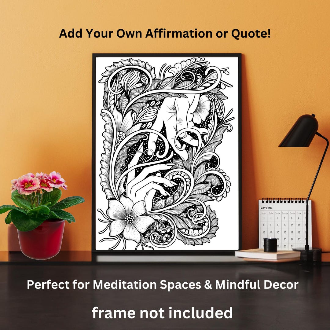 Mindful Wall Art – Zentangle Floral Hands Print, Ideal for Meditation ...