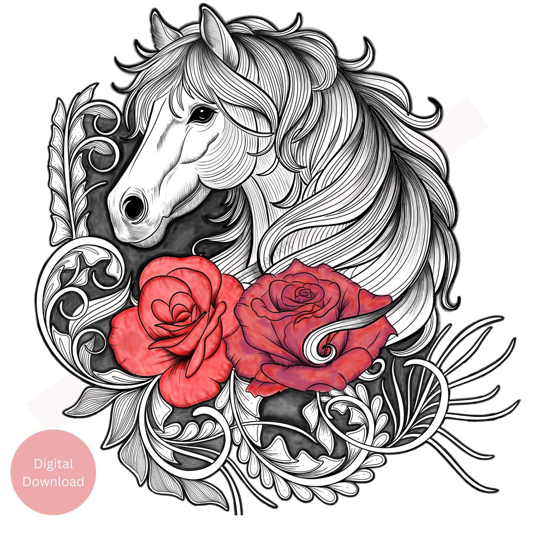 Horse and Roses Tattoo Design: Hand-drawn Floral Line Art (PNG, PDF) - Etsy