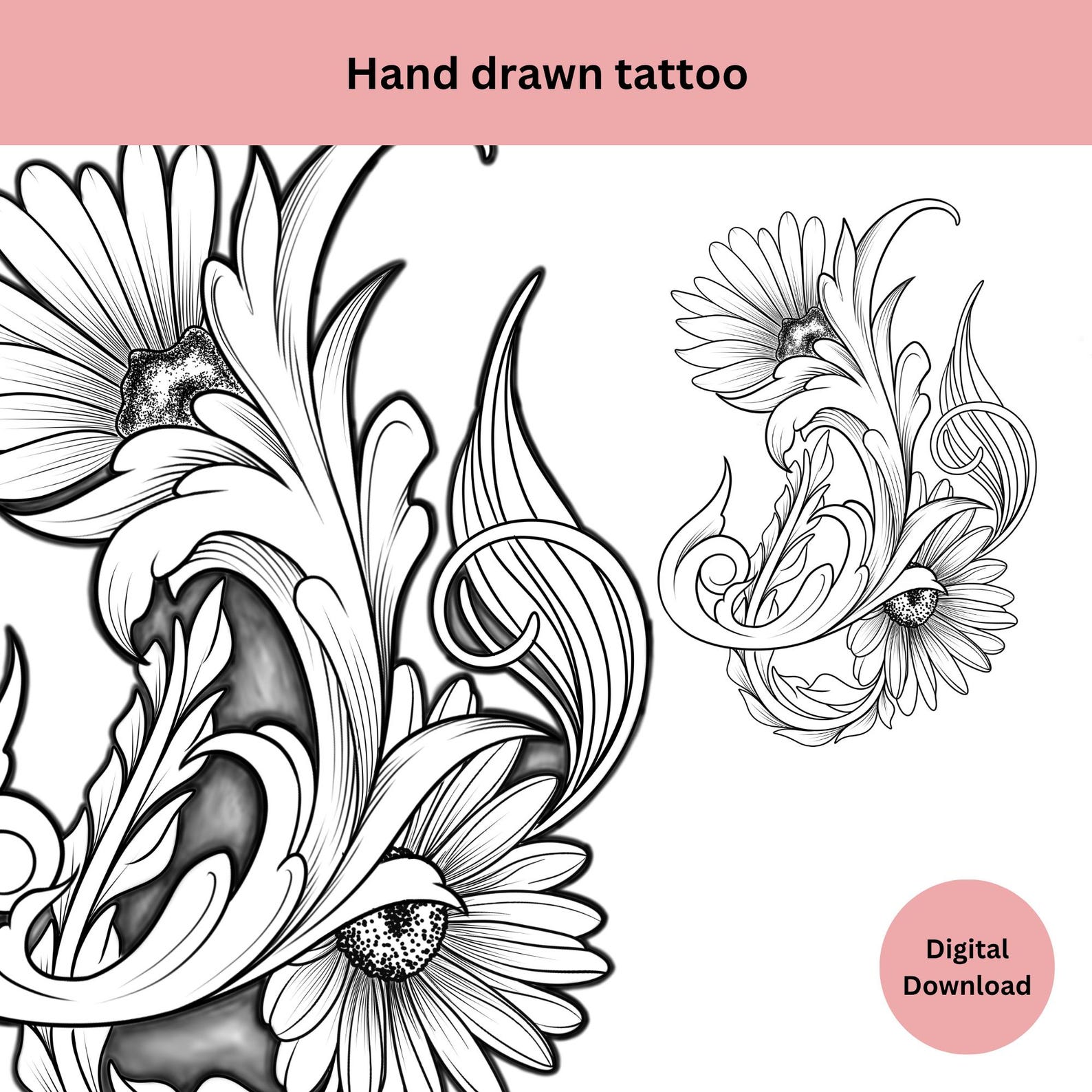 Daisy Flower Tattoo Design: Ornamental Line Art Stencil (PNG & PDF ...
