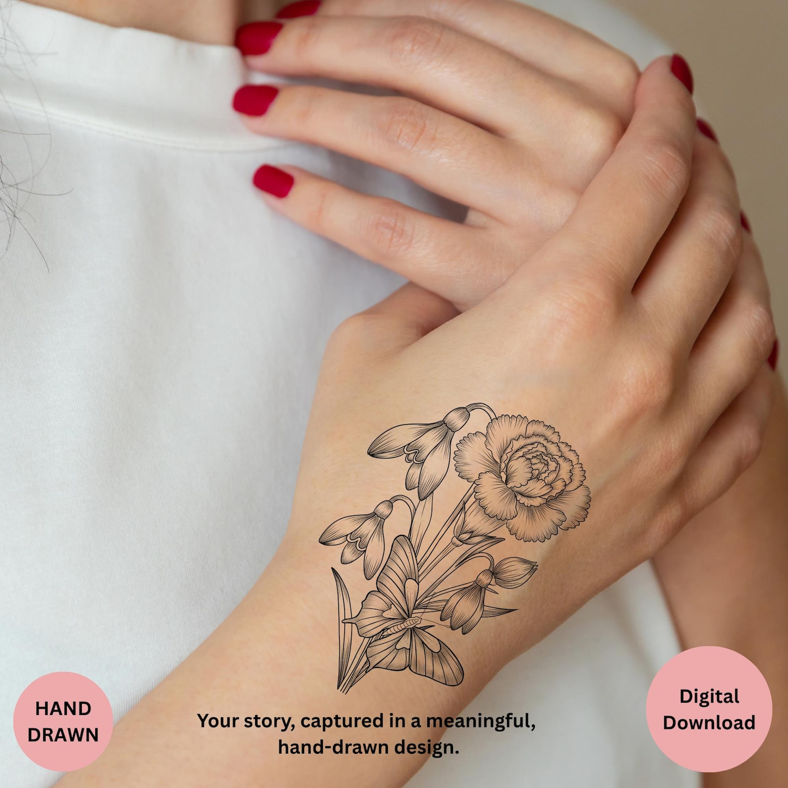 January Birth Flower Tattoo Design • Carnation & Snowdrop Line Art ...