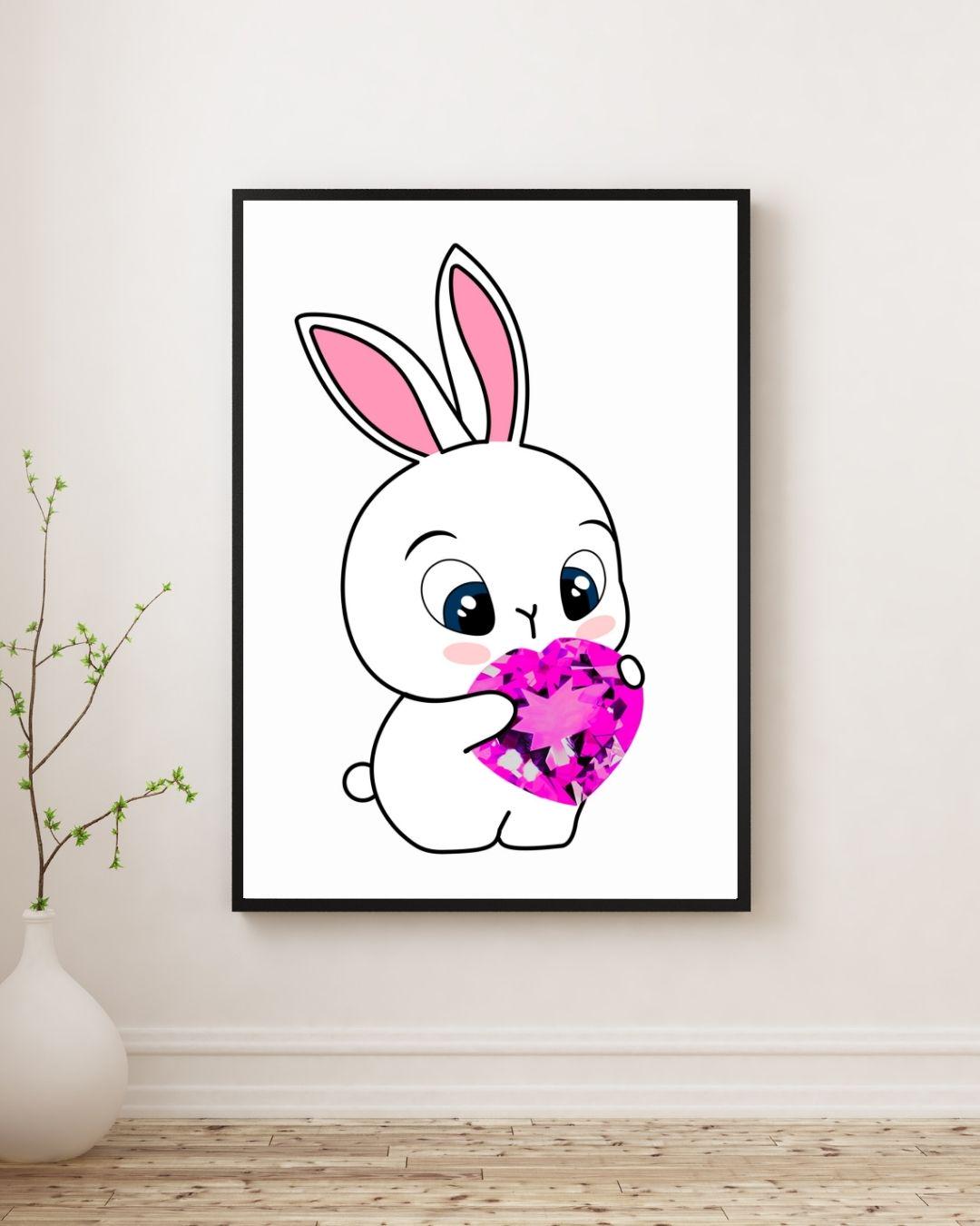 Printable Bunny Poster – Cute Bunny Holding Pink Heart Gem | Kawaii ...