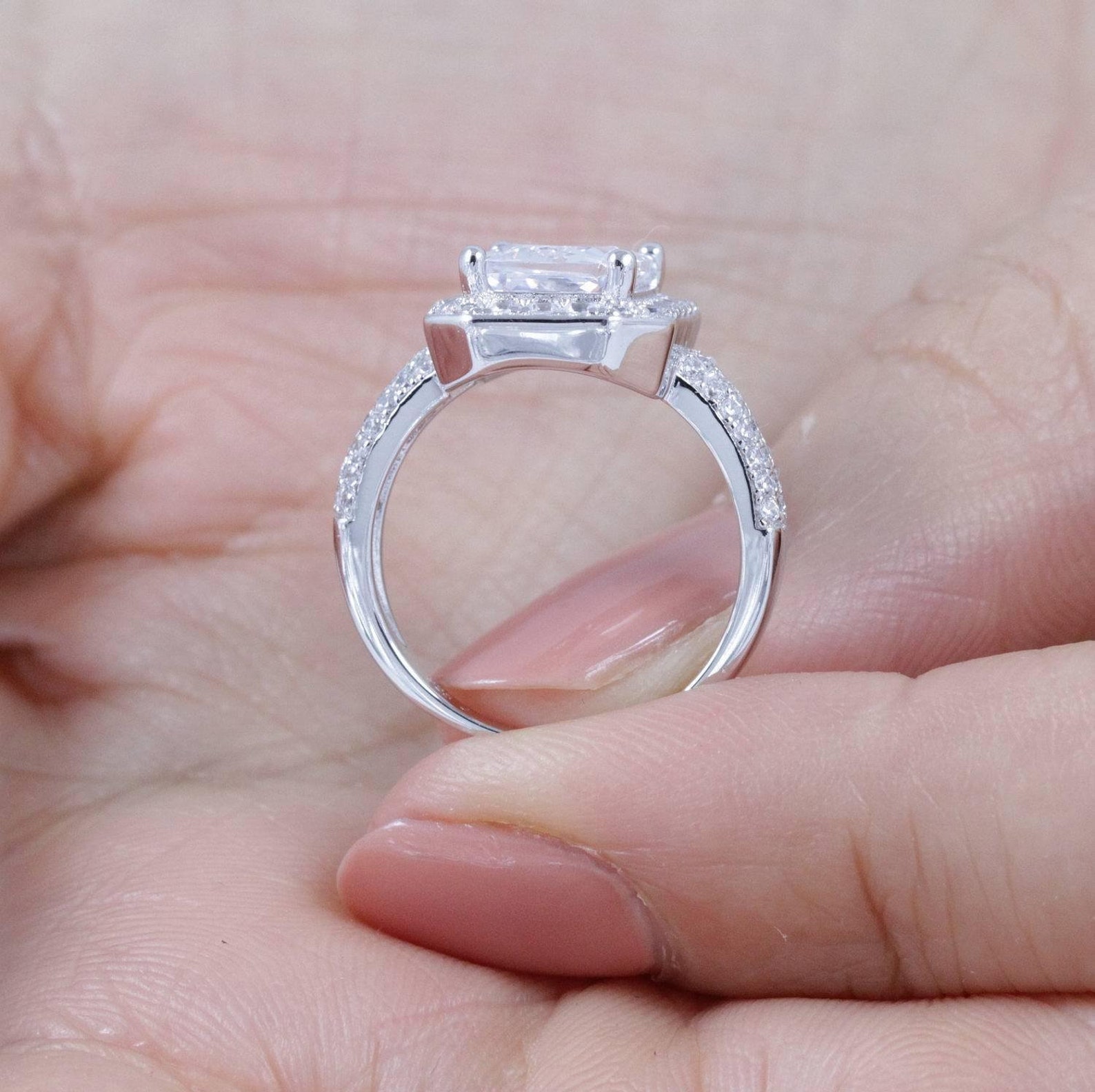 925 Sterling Silver Princess Cut Rectangle Halo CZ Engagement | Etsy