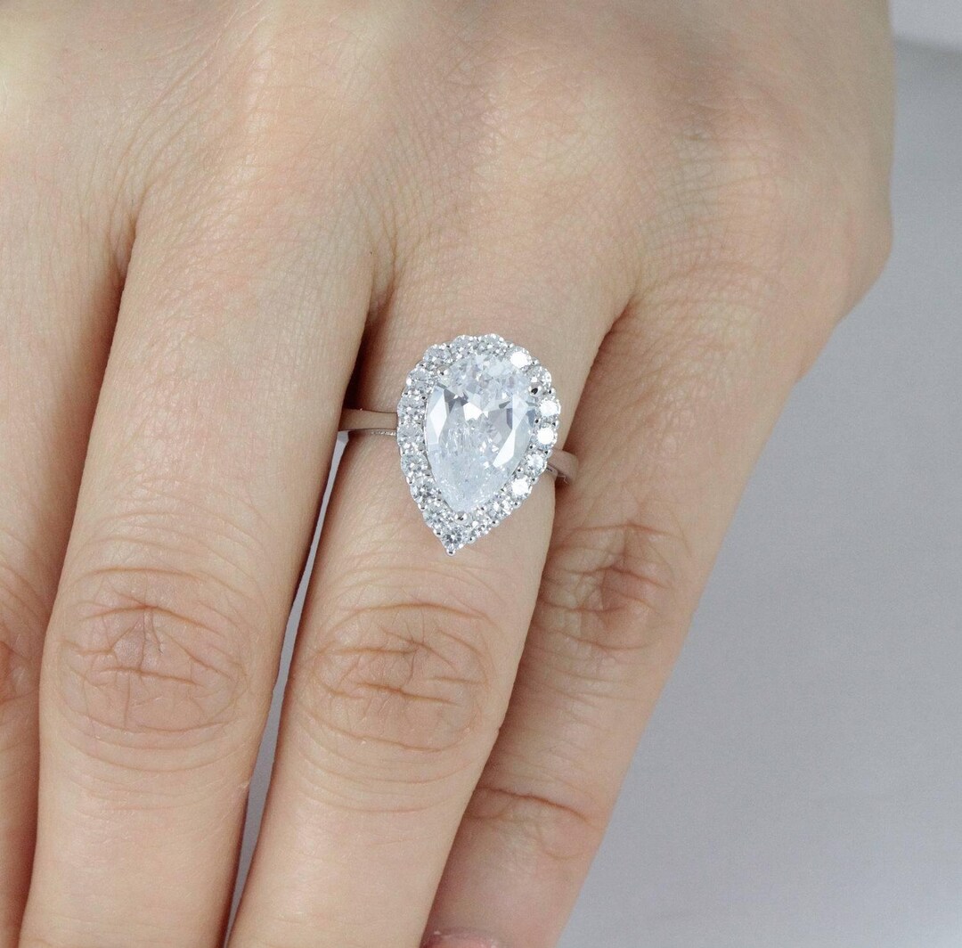 3.62ct Pear Cut Ring, Teardrop Halo Diamond Ring, 925 Sterling Silver ...