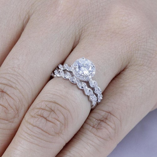 Round Cut Diamond Simulant Engagement Ring Set Sterling - Etsy