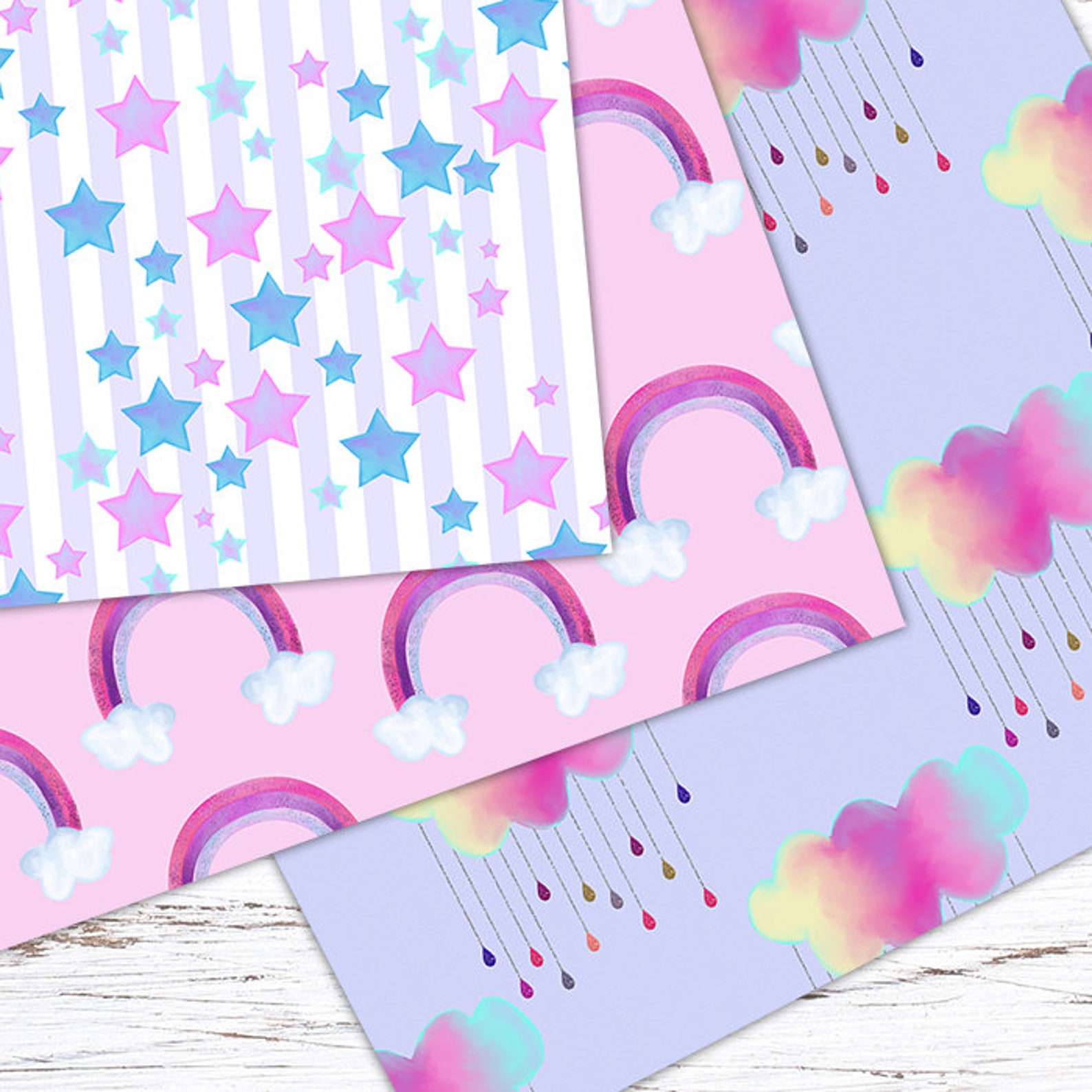 Rainbow Digital Paper Pack / Clouds / Colorful Designs / Stars ...