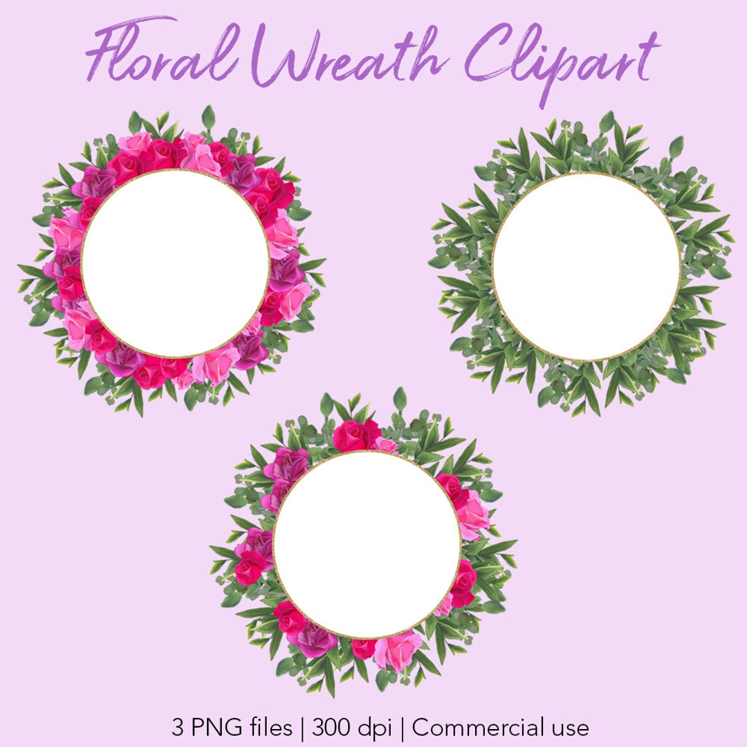 Floral Wreath Clipart, Rose Wreath, Commercial Use, Pink Floral, Purple ...