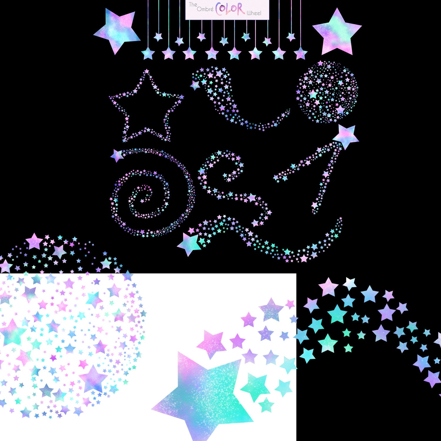 Watercolor Swirling Star Clip Art, Rainbow Stars, Iridescent Stars ...