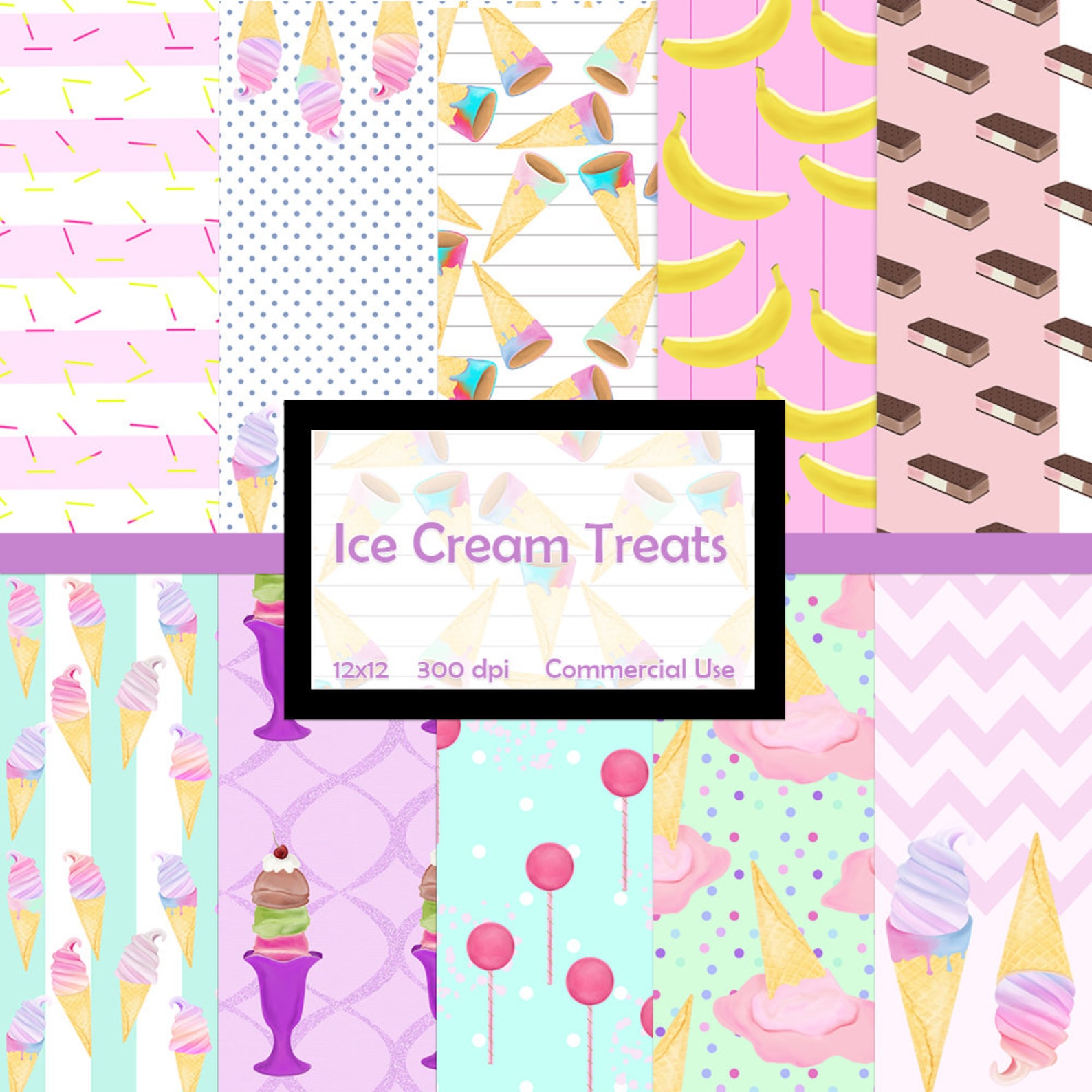 Ice Cream Digital Paper, Birthday Digital Paper, Dessert Backgrounds ...