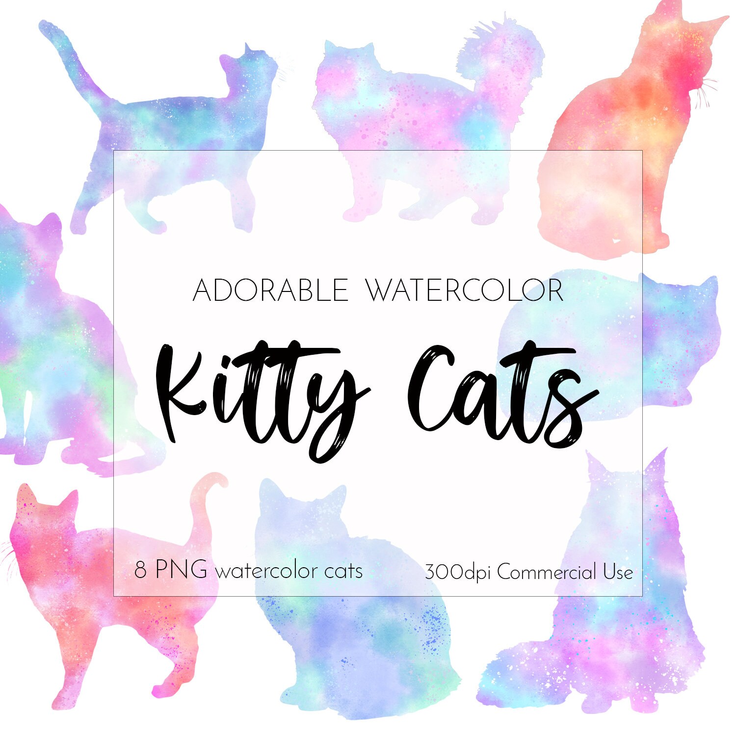 Watercolor Cat Clipart, Colorful Cat Clip Art, Cat Silhouette, Cat ...