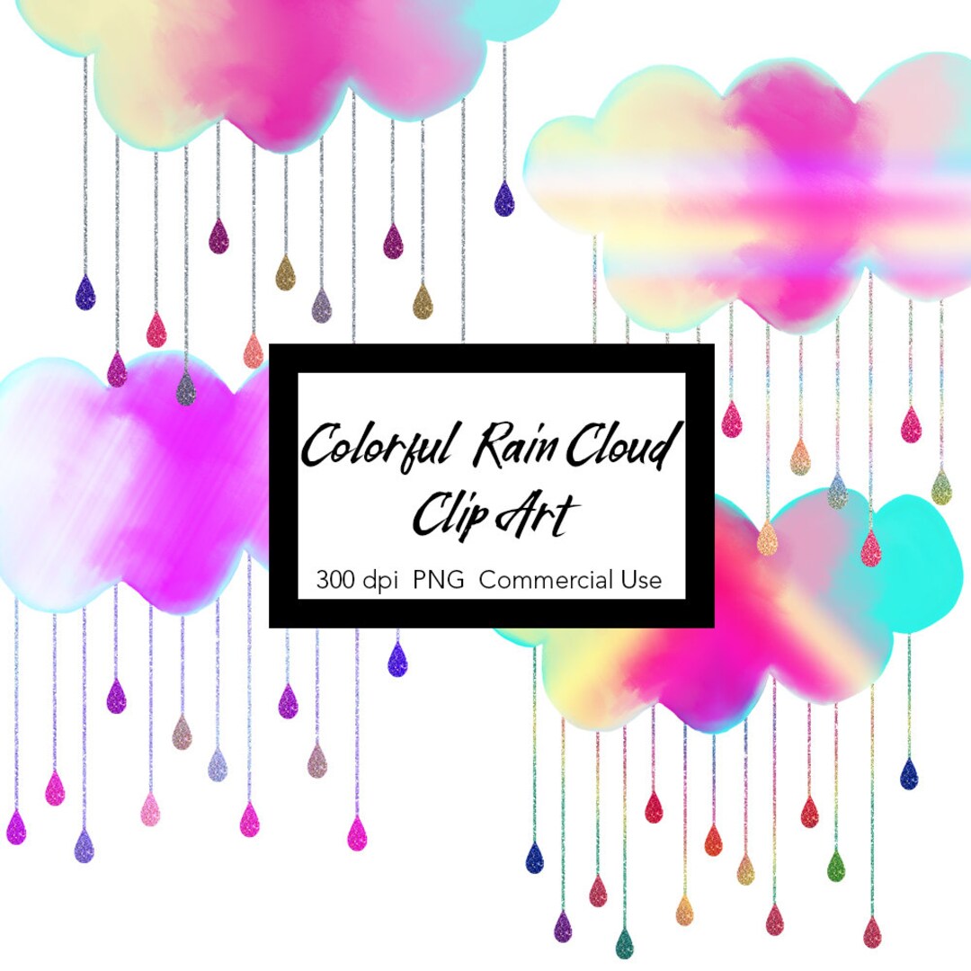 Rainbow Cloud Clipart / Colorful Rain Clouds / Glitter Rain Drops ...