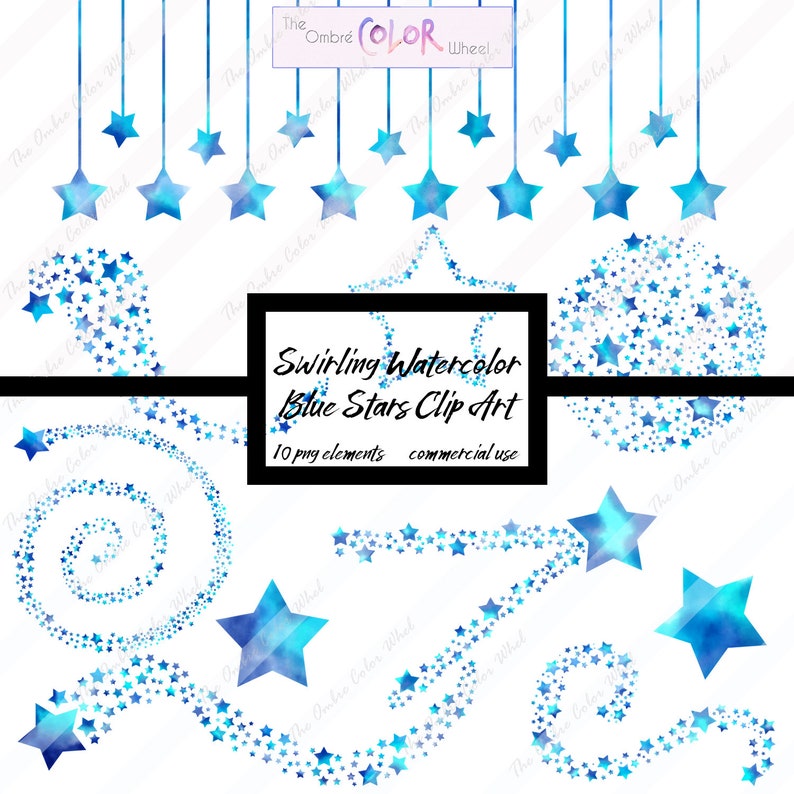 Watercolor Swirling Star Clip Art, Blue Stars, Iridescent Stars, Galaxy ...