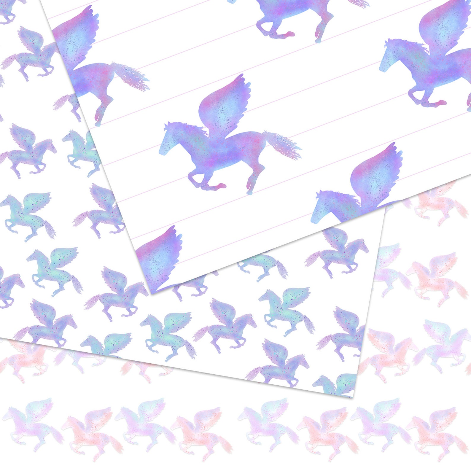 Watercolor Pegasus Digital Paper, Fantasy, Birthday, Pegasus, Unicorn ...