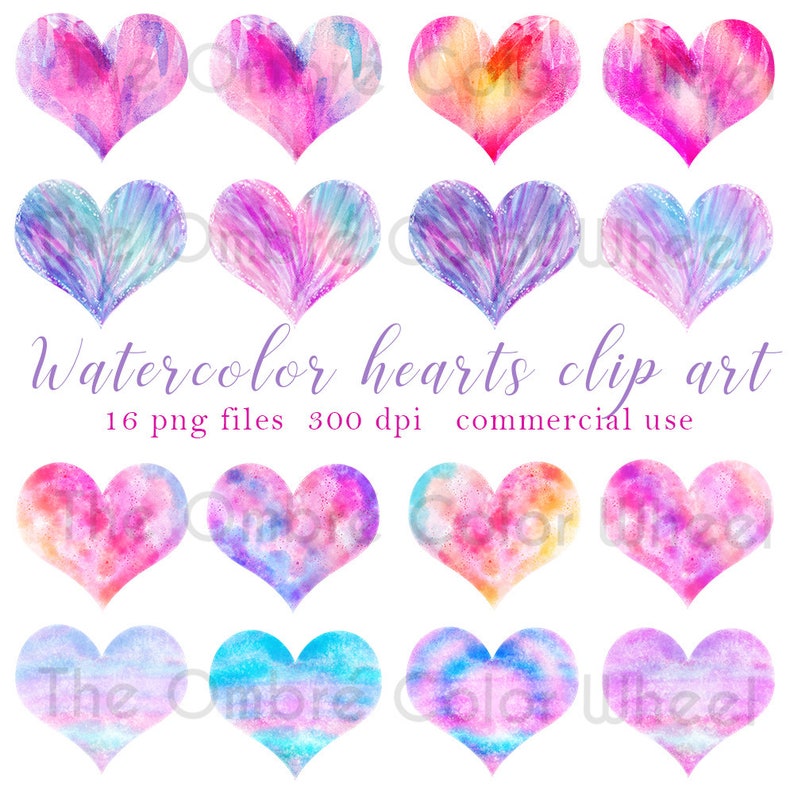 Watercolor Hearts, Watercolor Clipart, Valentines Day, Colorful Hearts ...