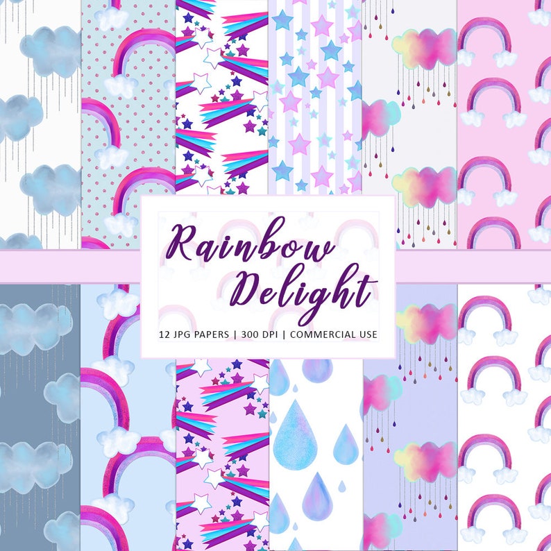Rainbow Digital Paper Pack / Clouds / Colorful Designs / Stars ...