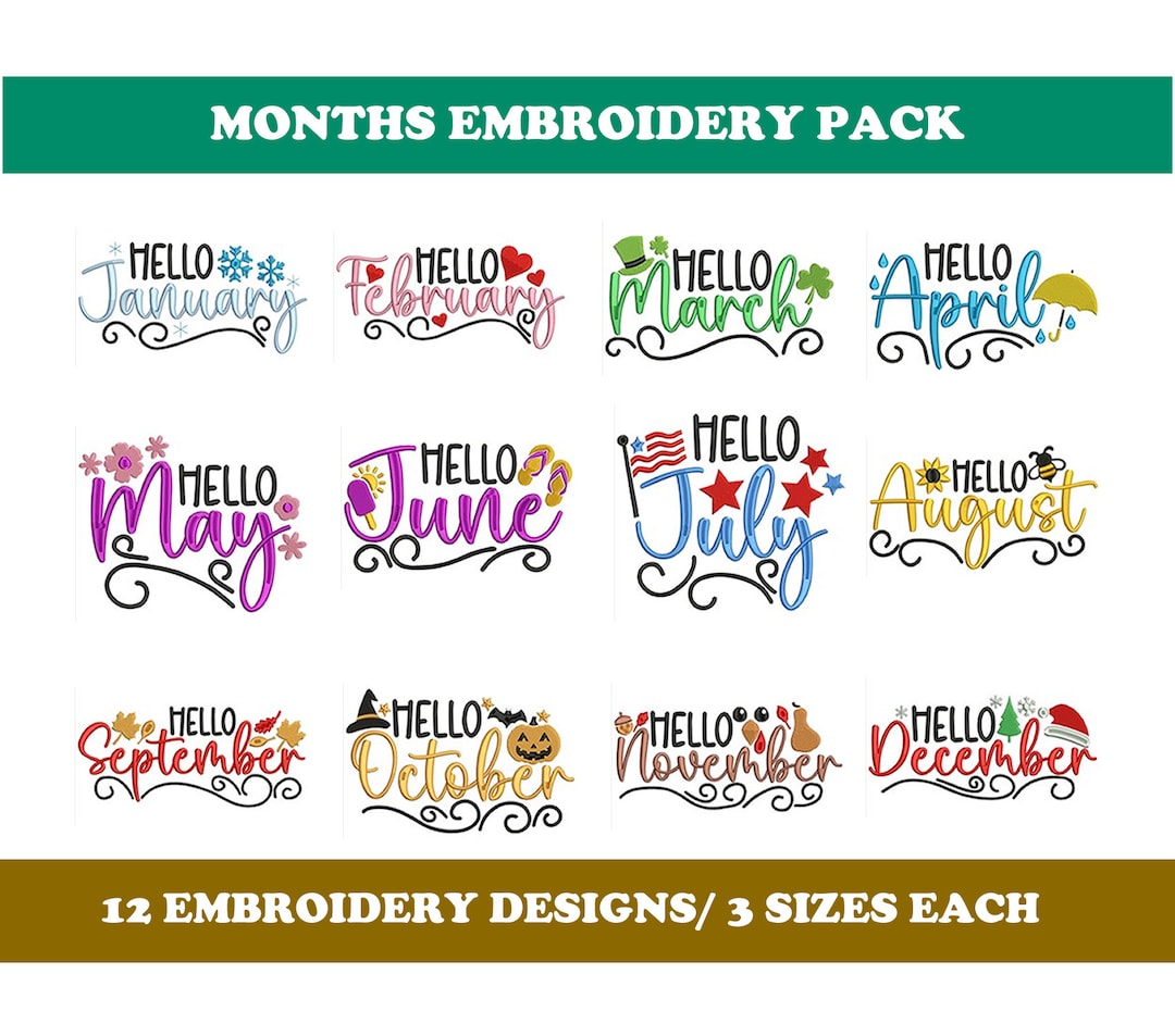 12 Months of the Year Machine Embroidery Designs Bundle - Etsy