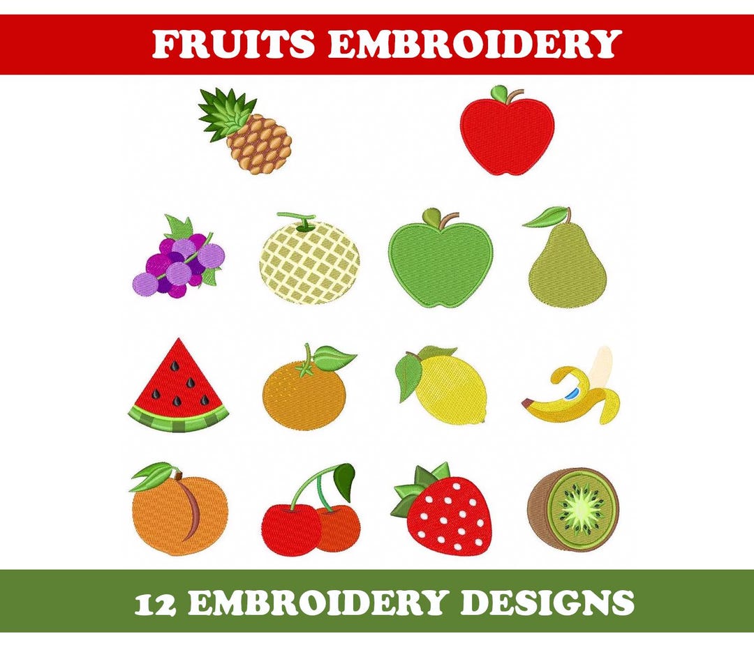 Fruits - (12 Designs) - Machine Embroidery Bundle, Apple, Banana ...