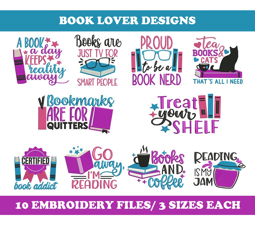 Book Lover (10 Designs) - Machine Embroidery Designs Bundle - Etsy