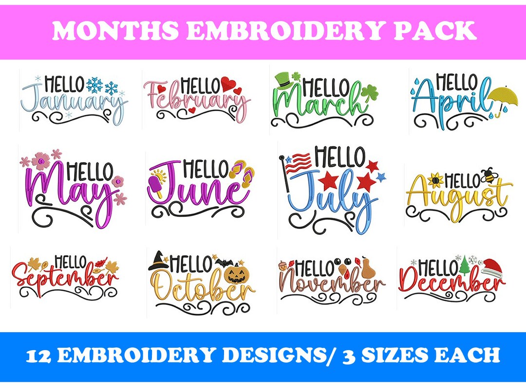 12 Months of the Year Machine Embroidery Designs Bundle - Etsy