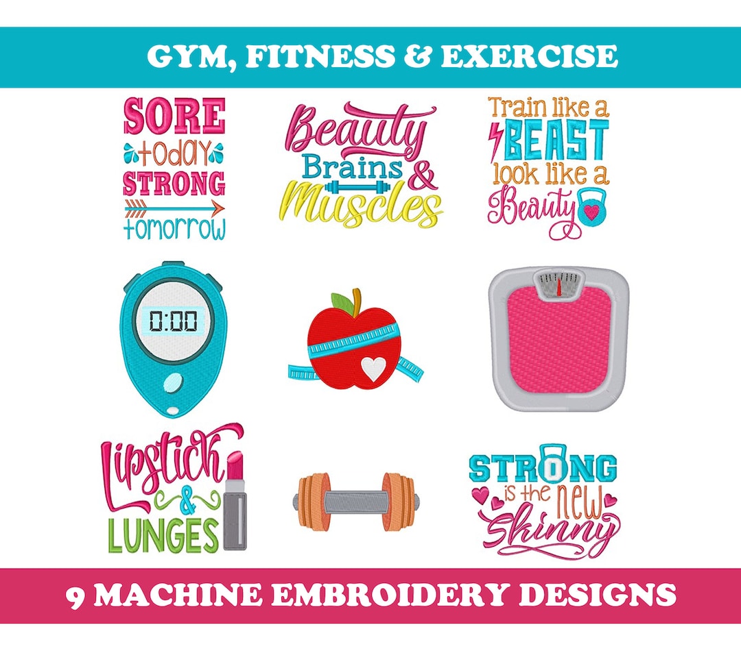 Gym, Fitness and Exercise (9 Designs) - Machine Embroidery Designs ...