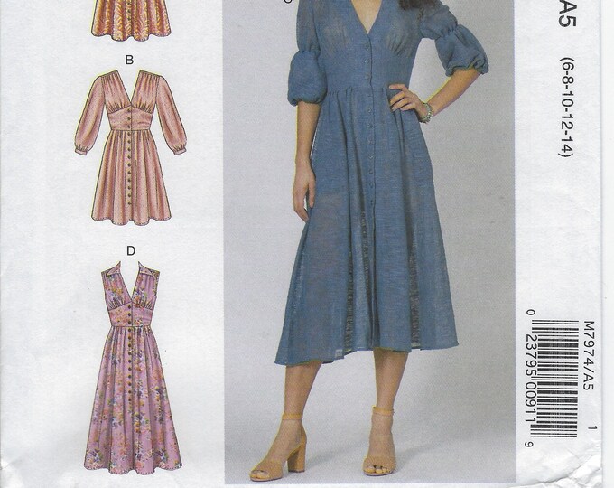 M7974 Mccall's Misses Button Front Dress Has Midriff and Gathered Skirt ...