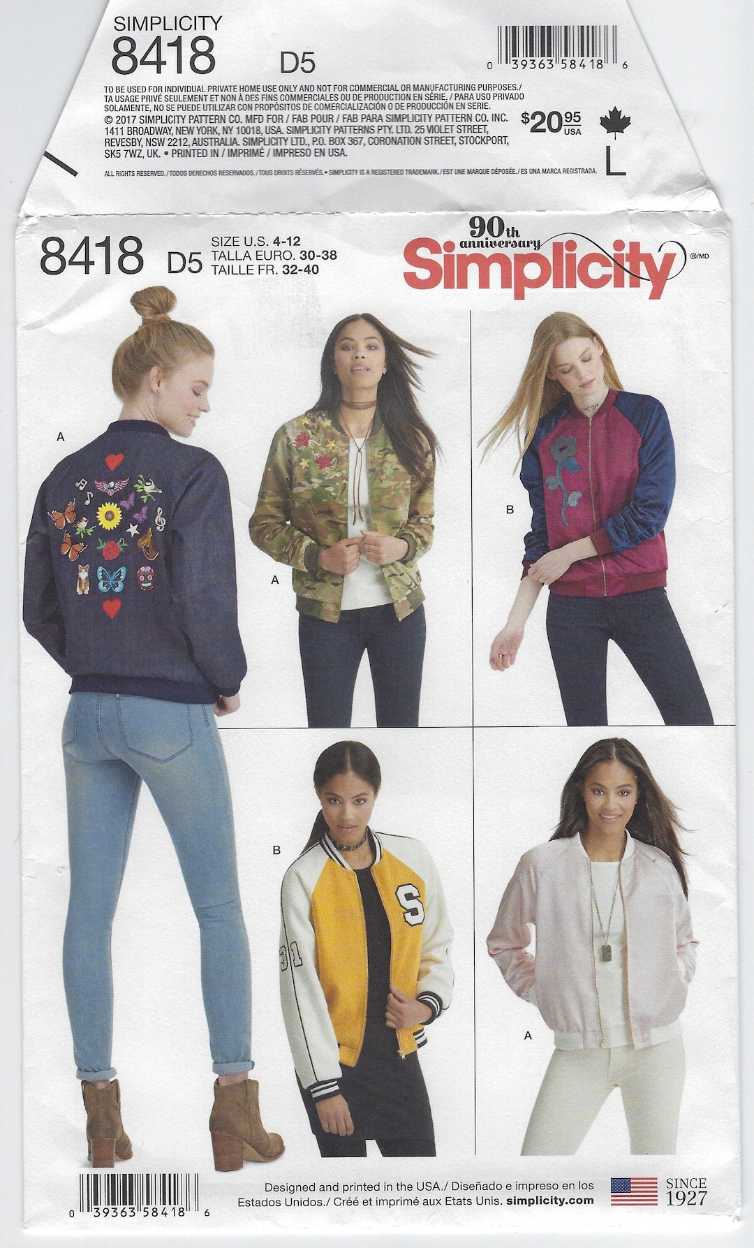8418 Simplicity - Misses Lined Bomber Jacket With Ribbed Knit Bands and ...