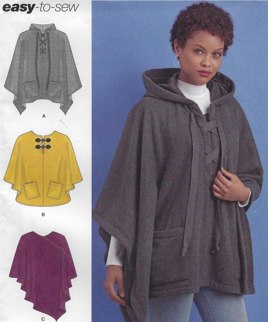 8517 Simplicity - Misses Ponchos With Hooded, Patch Pockets, Lace-up ...