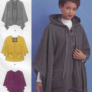 8517 Simplicity - Misses Ponchos With Hooded, Patch Pockets, Lace-up ...