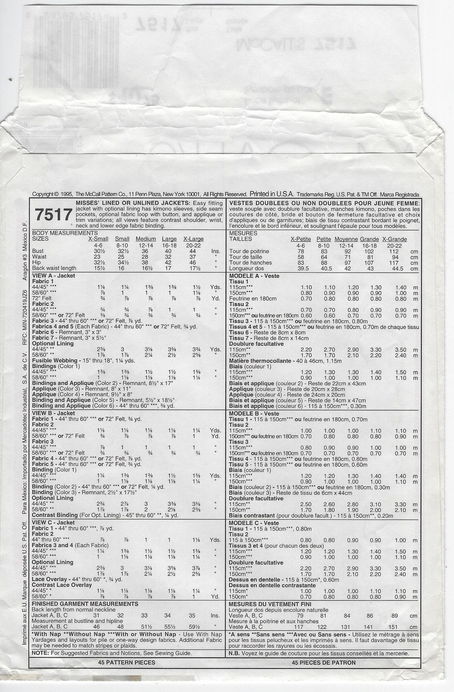 7517 Mccall's the Creative Jacket Palmer Pletsch - Misses Jacket W ...