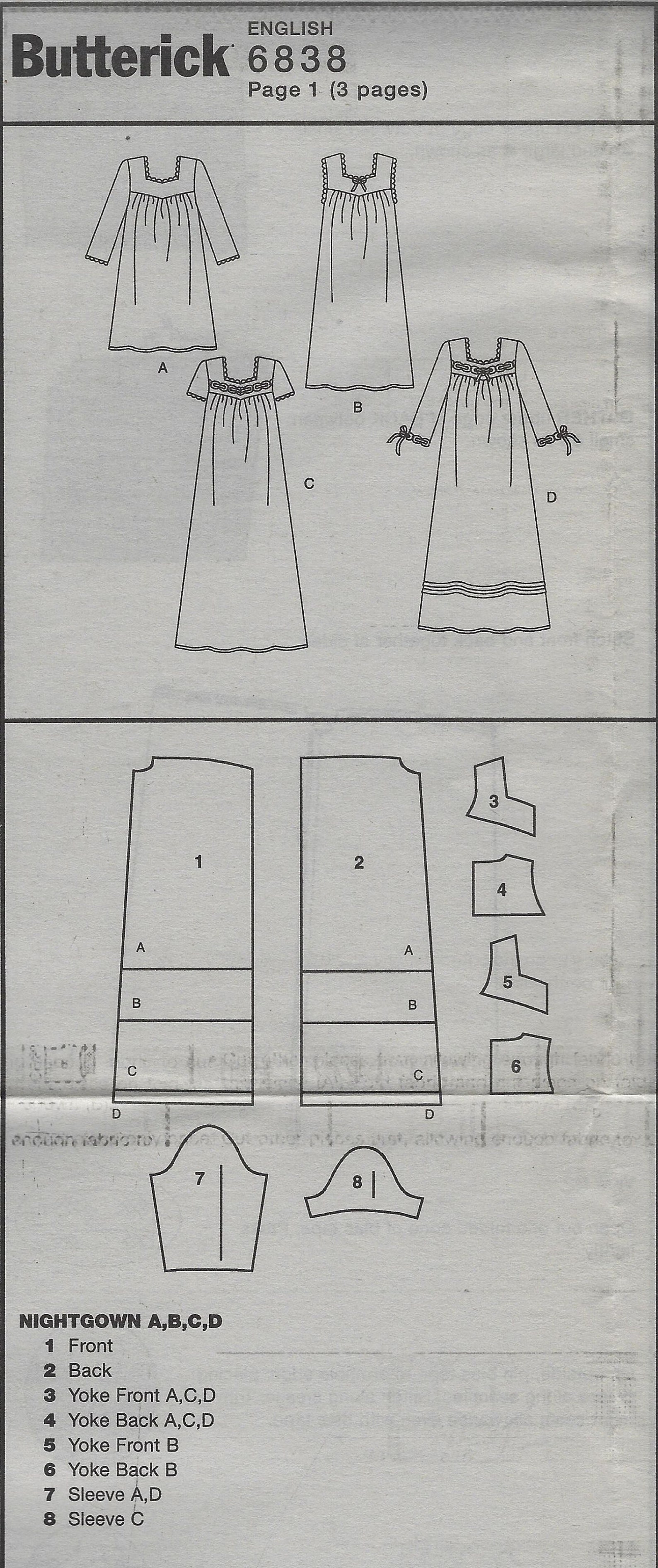 6838 Butterick Misses Diamond Sweetheart Neck Nightgown - Etsy