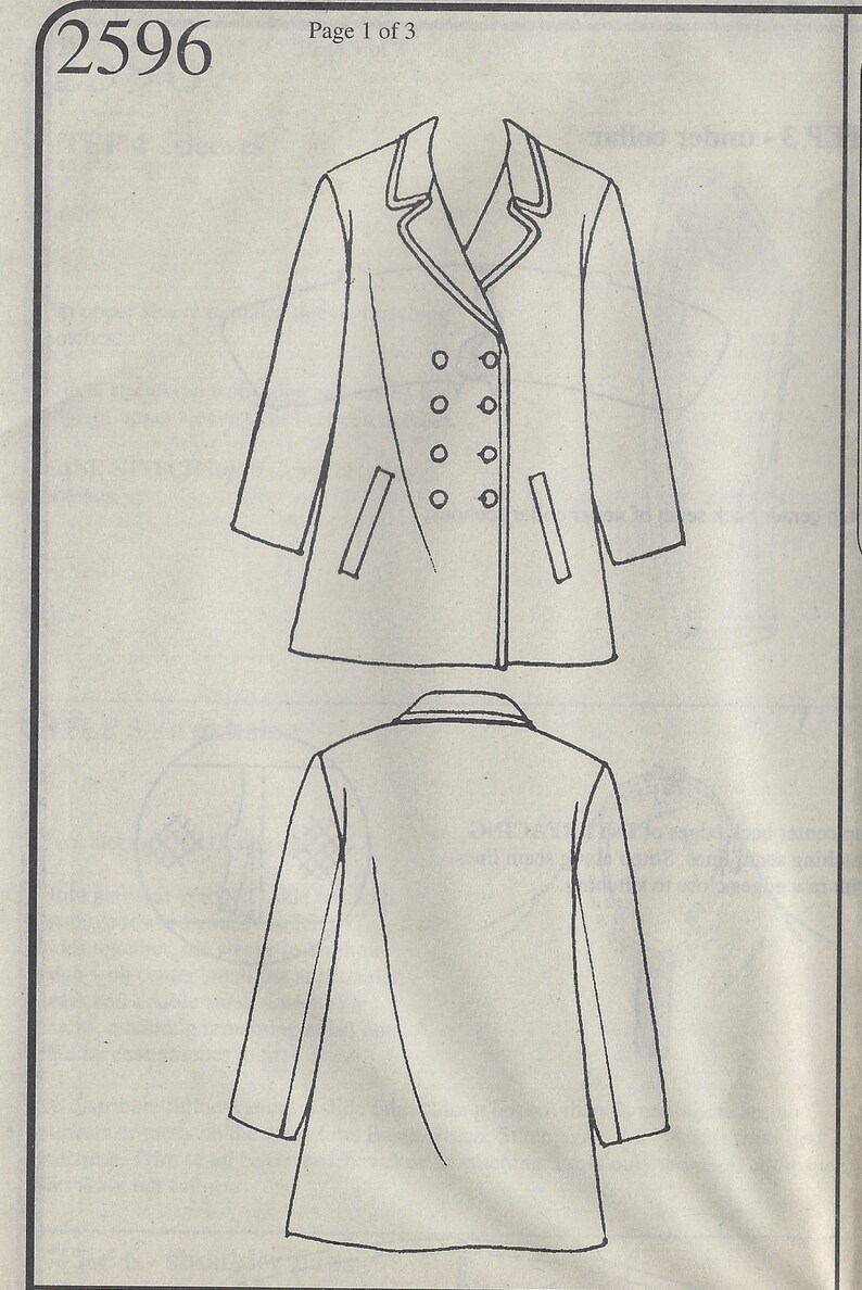 2596 Style Patterns Misses Double Breasted Coat With Notched | Etsy