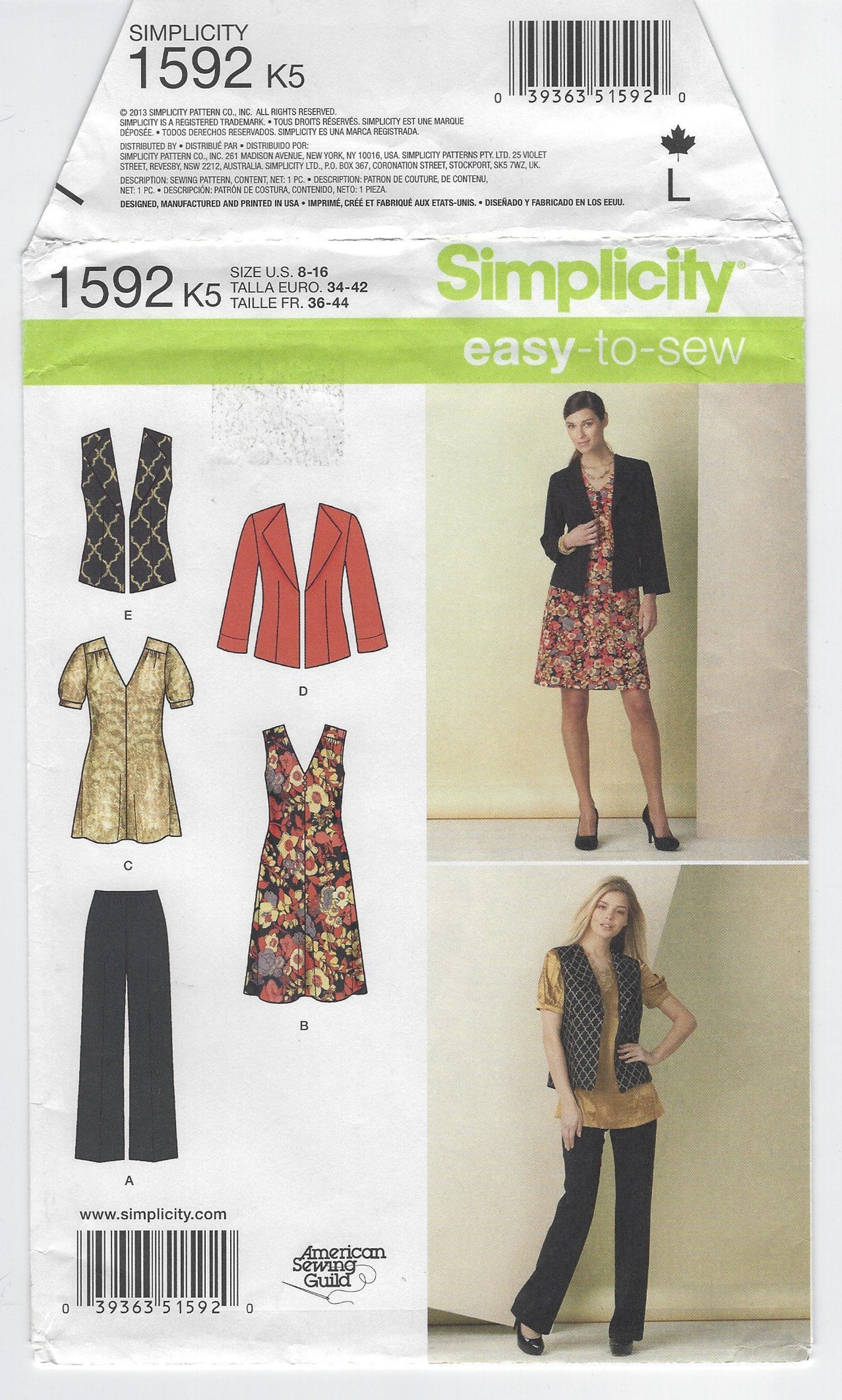 1592 Simplicity easy to sew Misses coordinates: Pants Dress | Etsy