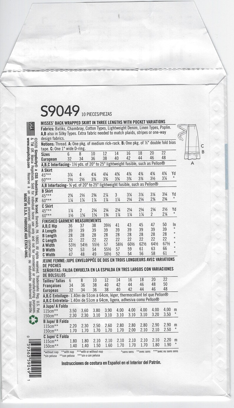 S9049 Simplicity Misses Back Wrap Skirt W/sash Tie That | Etsy