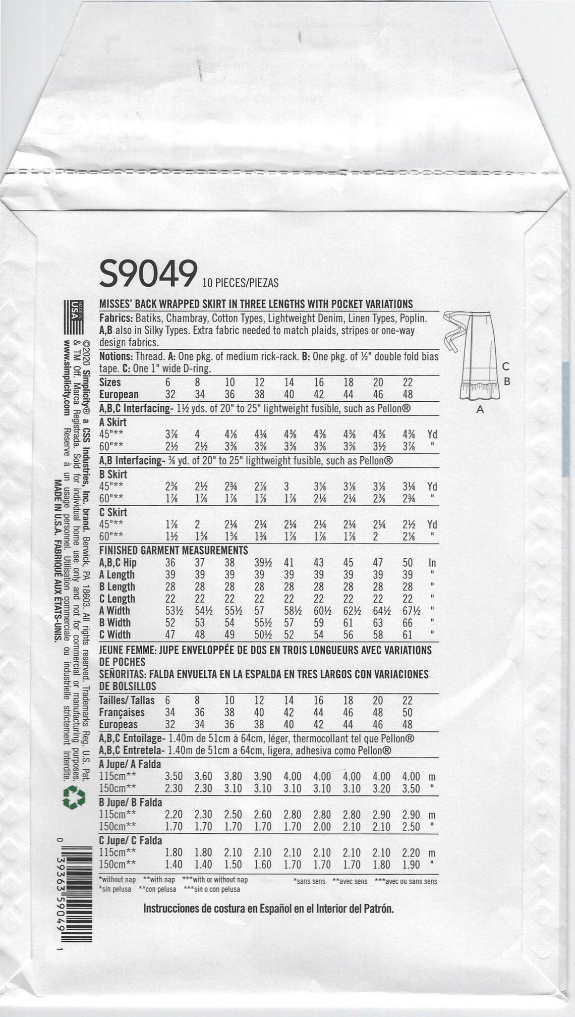 S9049 Simplicity - Misses Back Wrap Skirt W/sash Tie That Fastens ...