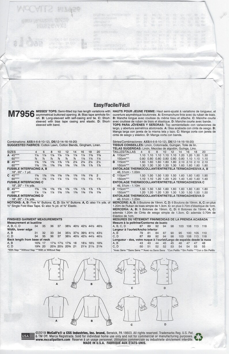 M7956 Mccall's - Misses Semi-fit Top W/square Neckline and Sleeve ...
