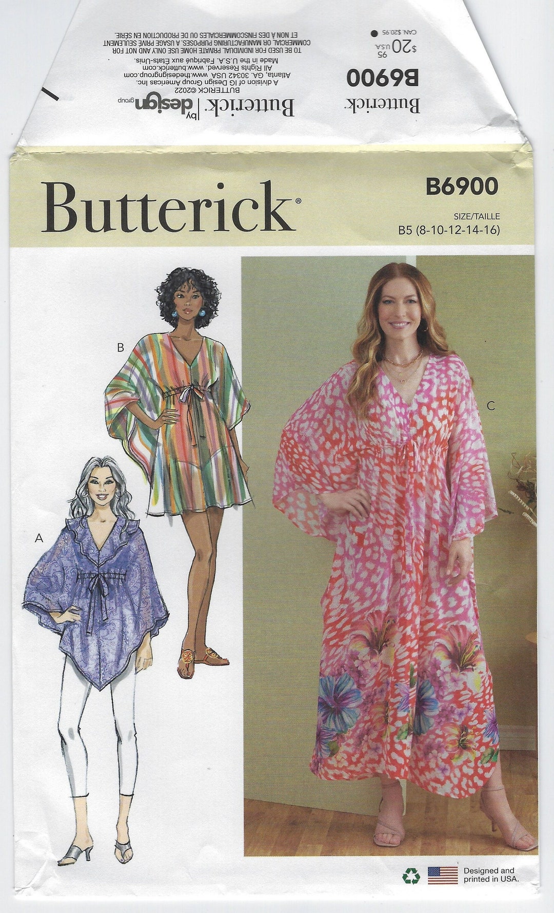 B6900 Butterick Misses V-neck Caftan With Drawstring Waist Has Hem and ...