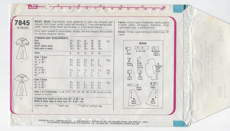 7845 Simplicity - Misses Dress Has Yoke and Kimono Type Sleeves, Collar ...