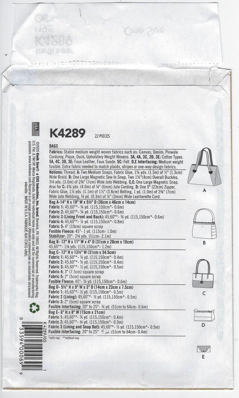 K4289 Kwik Sew Oversized Tote Bag Two Styles of Shoulder | Etsy