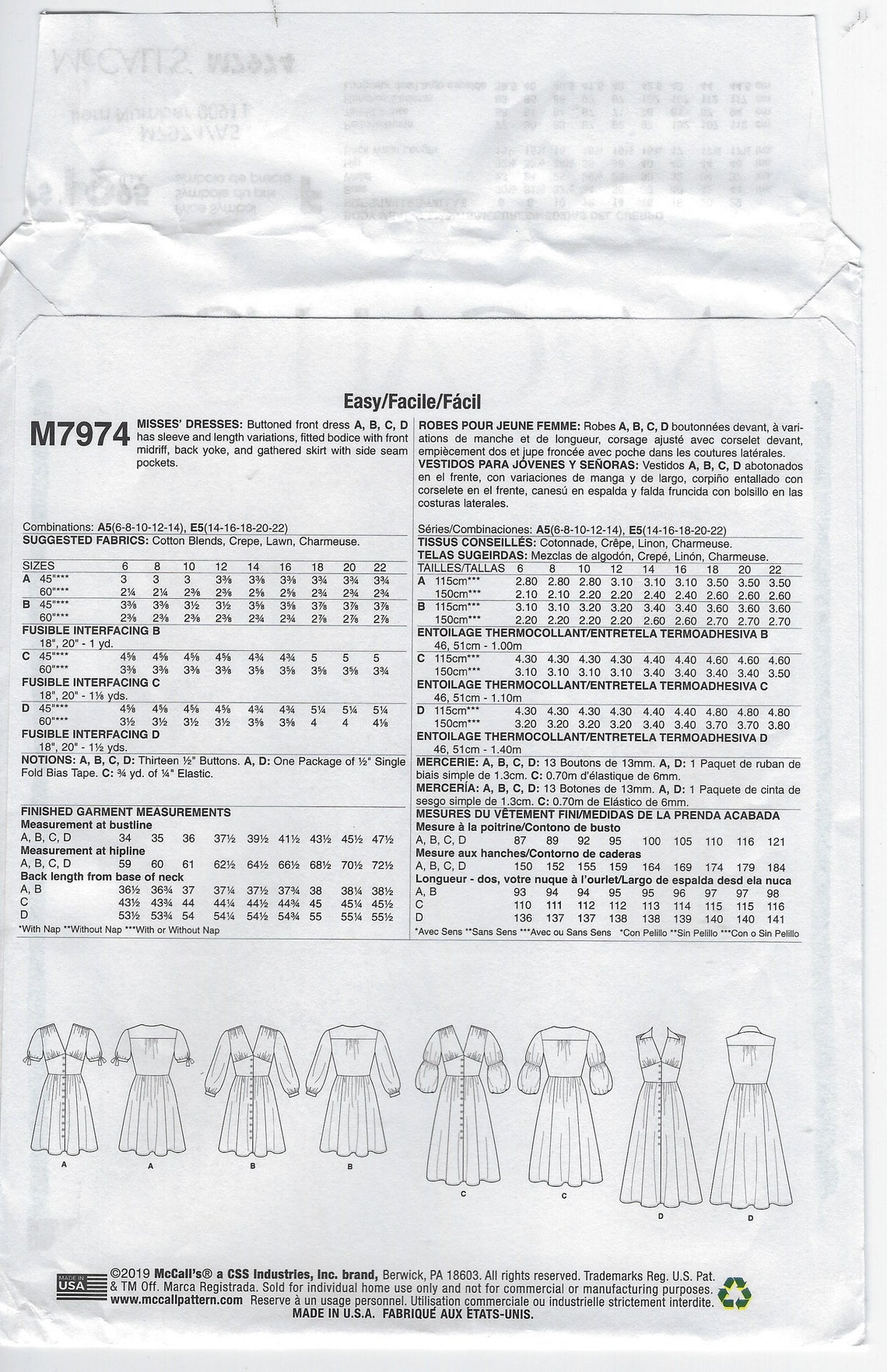 M7974 Mccall's Misses Button Front Dress Has Midriff and | Etsy