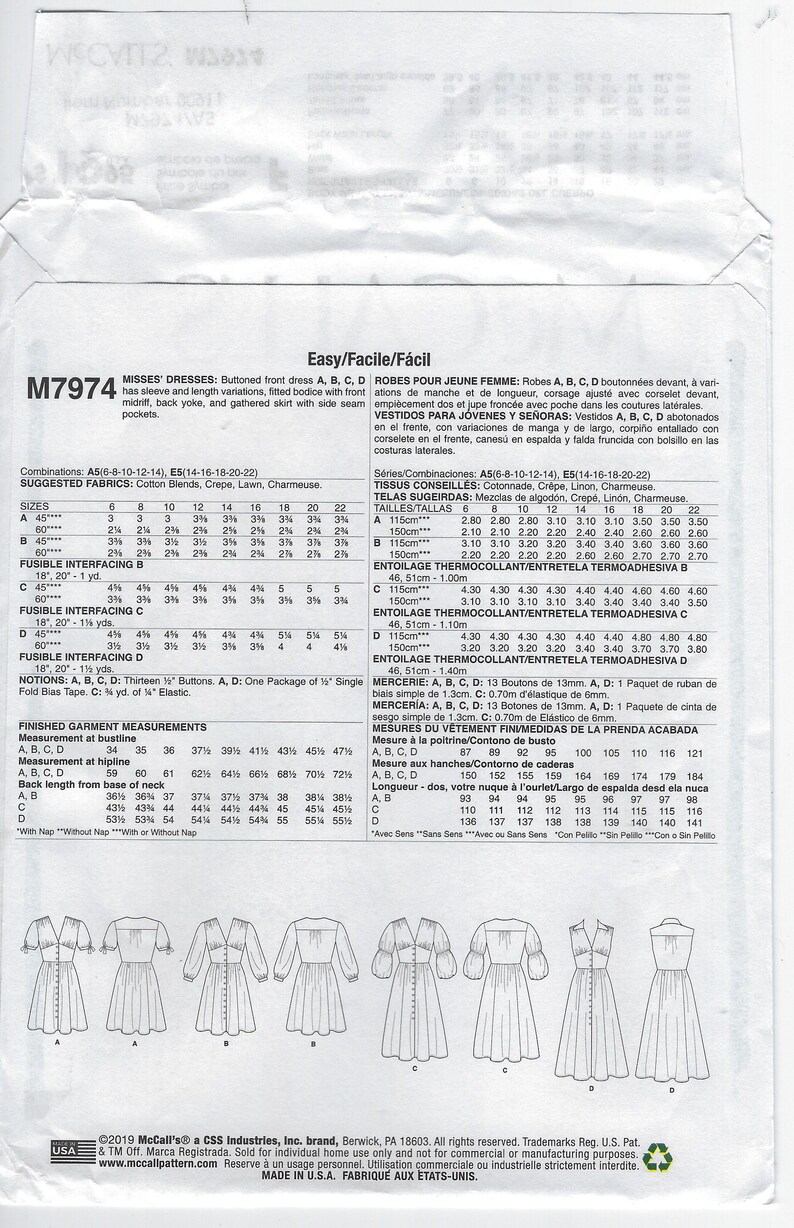 M7974 Mccall's Misses Button Front Dress Has Midriff and - Etsy