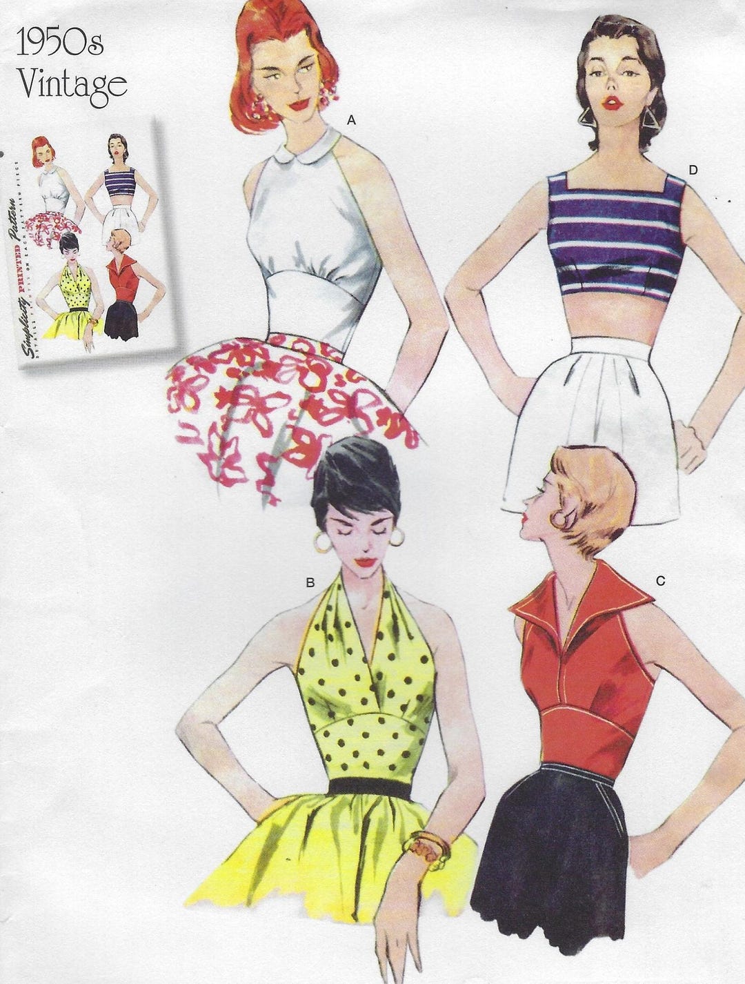 8645 Simplicity 1950s Redux - Misses Halter Tops W/midriff and Sun Top ...
