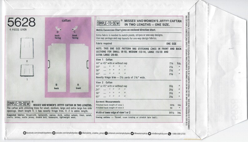 5628 Simplicity 1970's Jiffy Redux Misses Caftan in 2 - Etsy