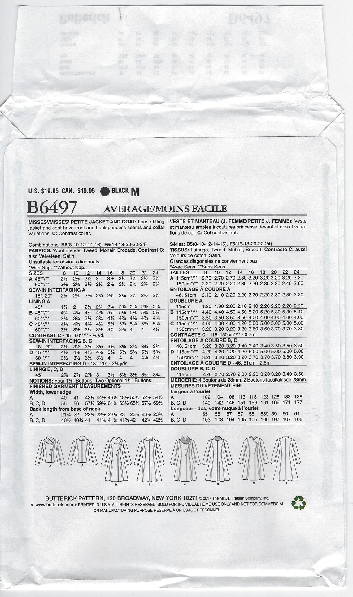 B6497 Butterick Misses Jacket and Coats With Asymmetrical - Etsy