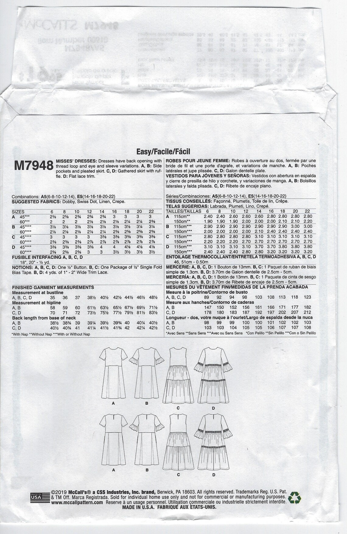 M7948 Mccall's Misses Dress W/gathered Skirt With Ruffle - Etsy